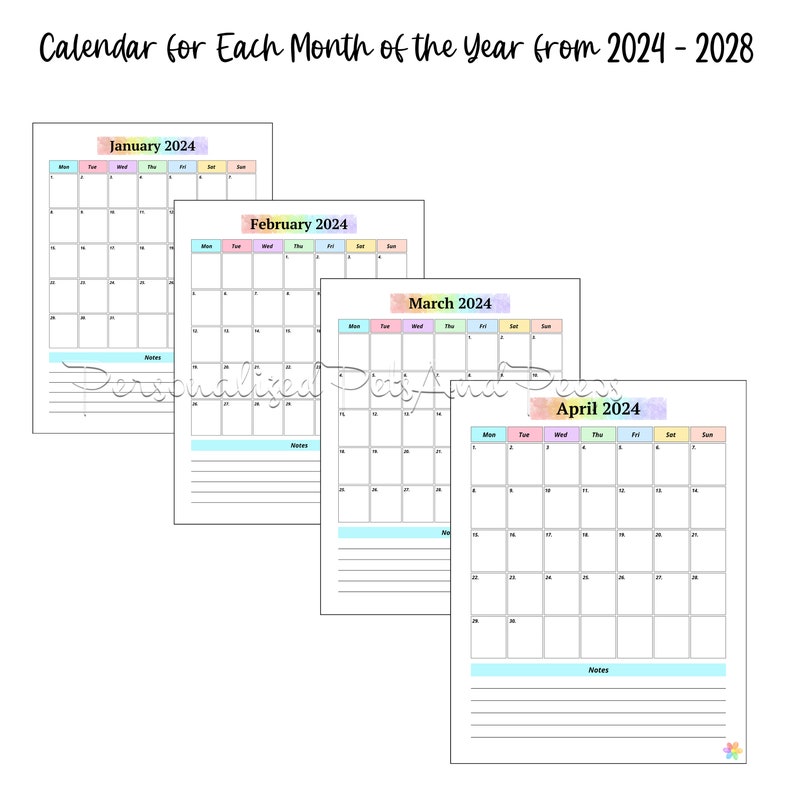 2024-2028 Yearly Monthly Calendar Printable BUNDLE, Monthly Planner ...
