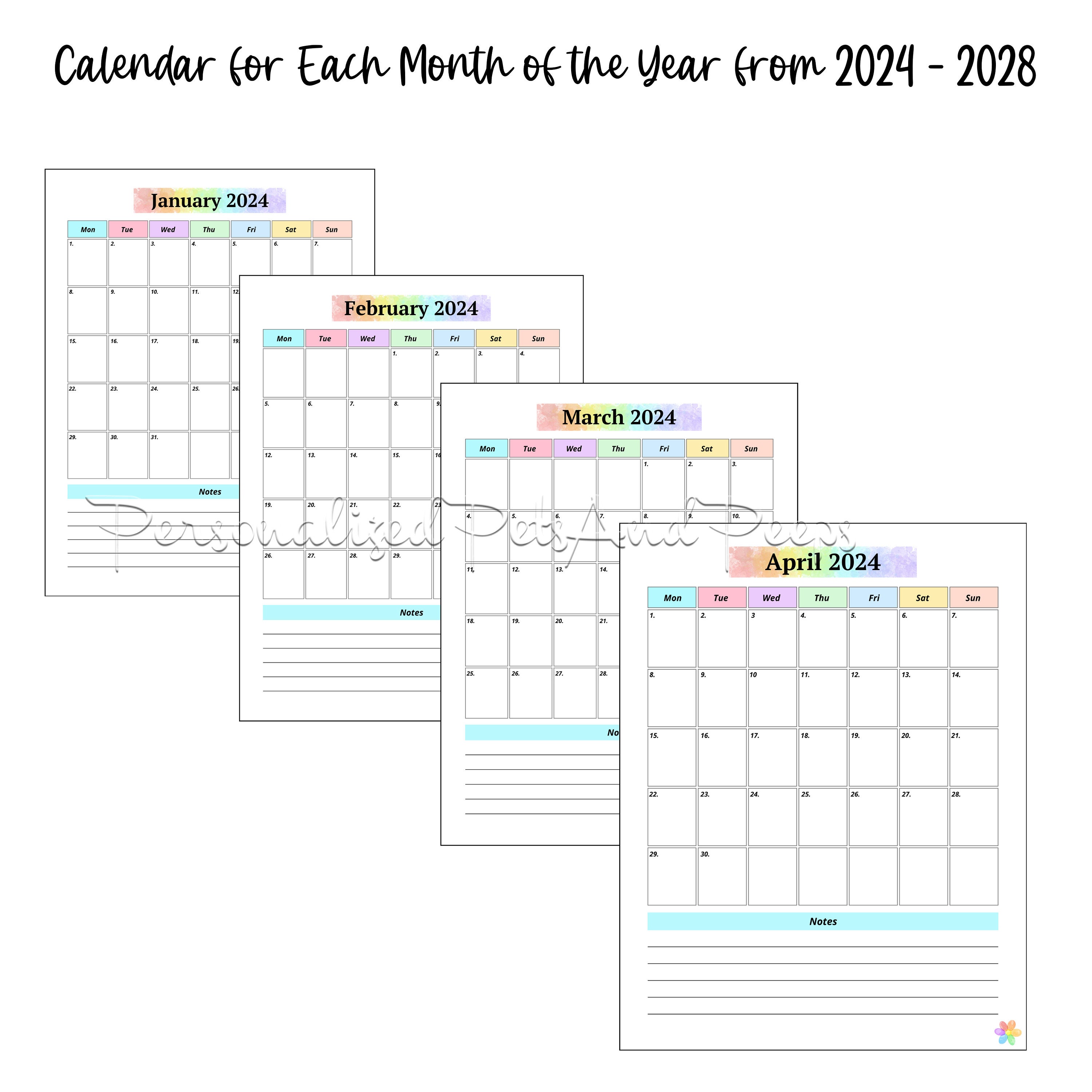 2024-2028 Yearly Monthly Calendar Printable BUNDLE, Monthly Planner ...