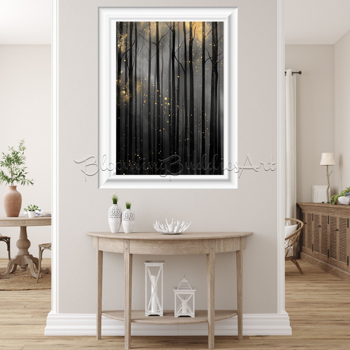 Black Tree Misc Art, Forest Silhouette Wall Art Print Black and Gold ...