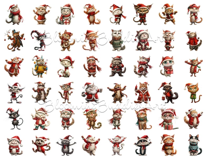 144 Quirky Christmas Cats Clipart Holiday PNG Bundle, Funny Cat ...