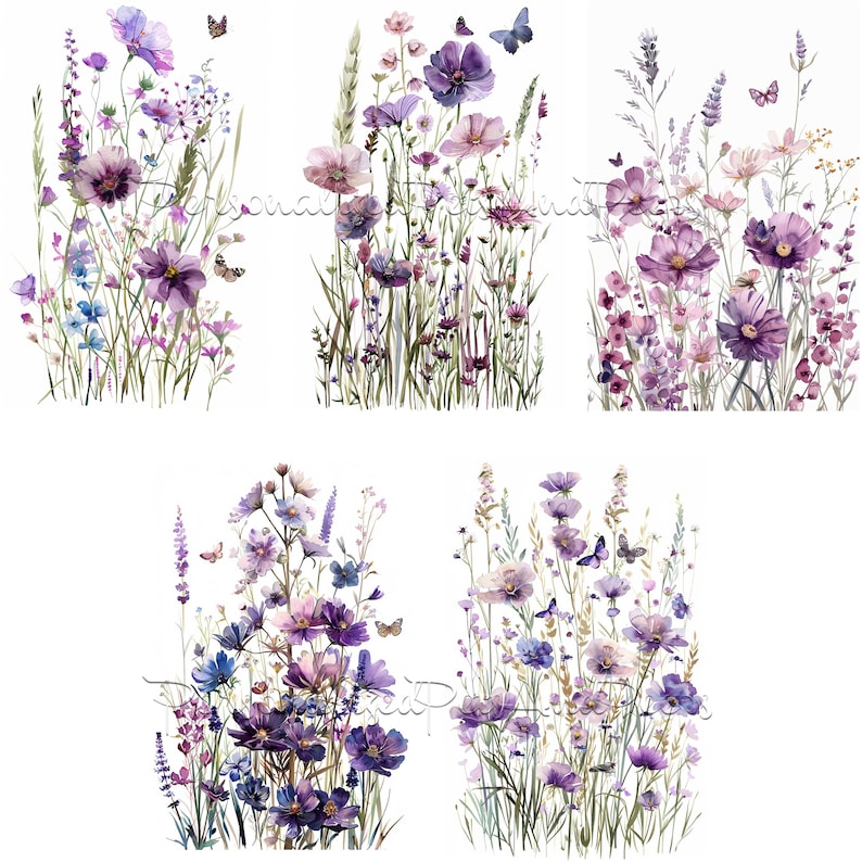 20 Purple Wildflower Png Bundle, Watercolor Spring Flower, Meadow ...