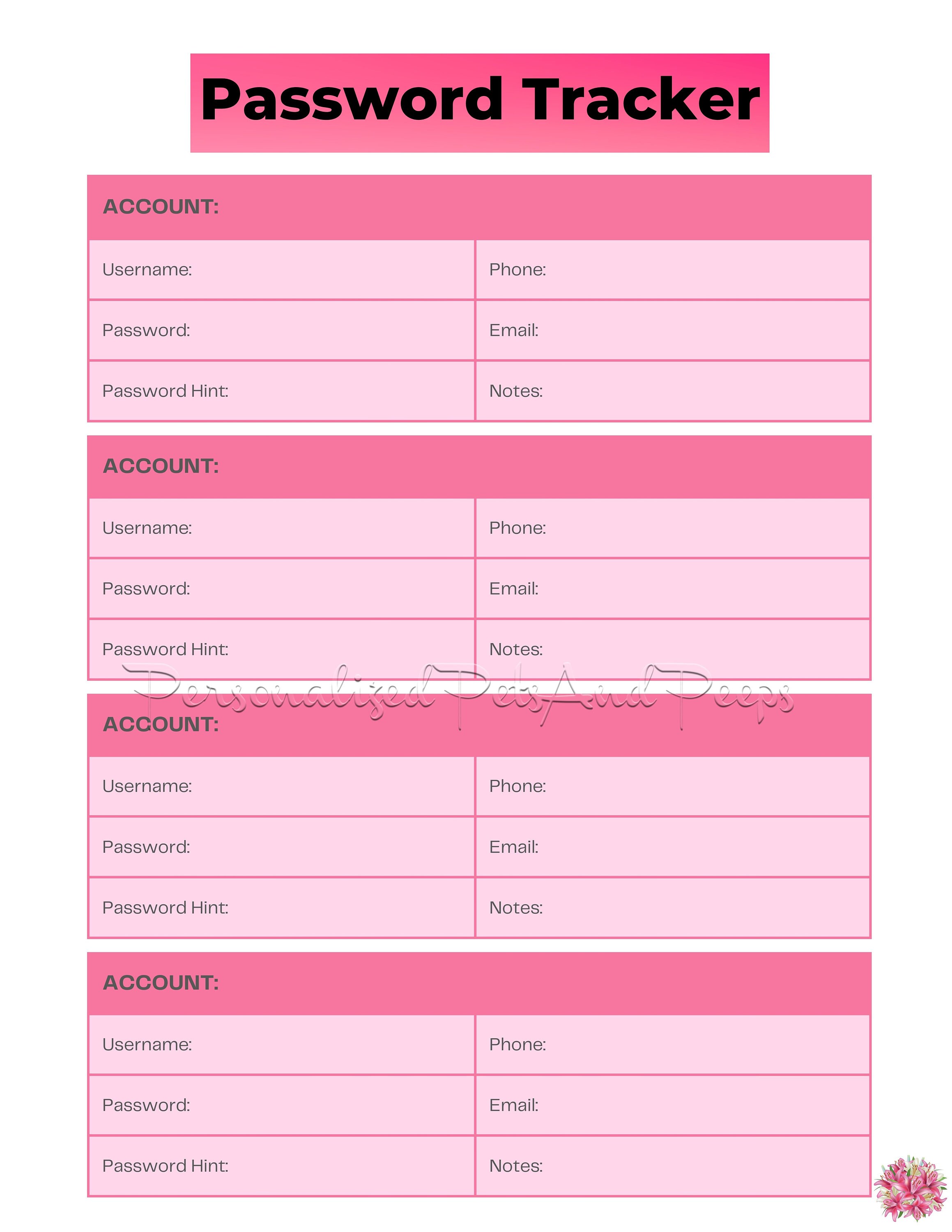 Pink Wildflower Password Tracker Printable PDF Bundle of 4, Instant ...