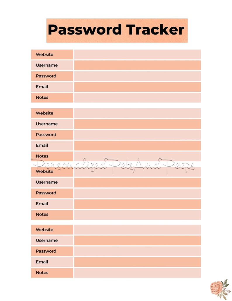 4 Peach Rose Password Tracker Printable Set, Password Book, Website ...