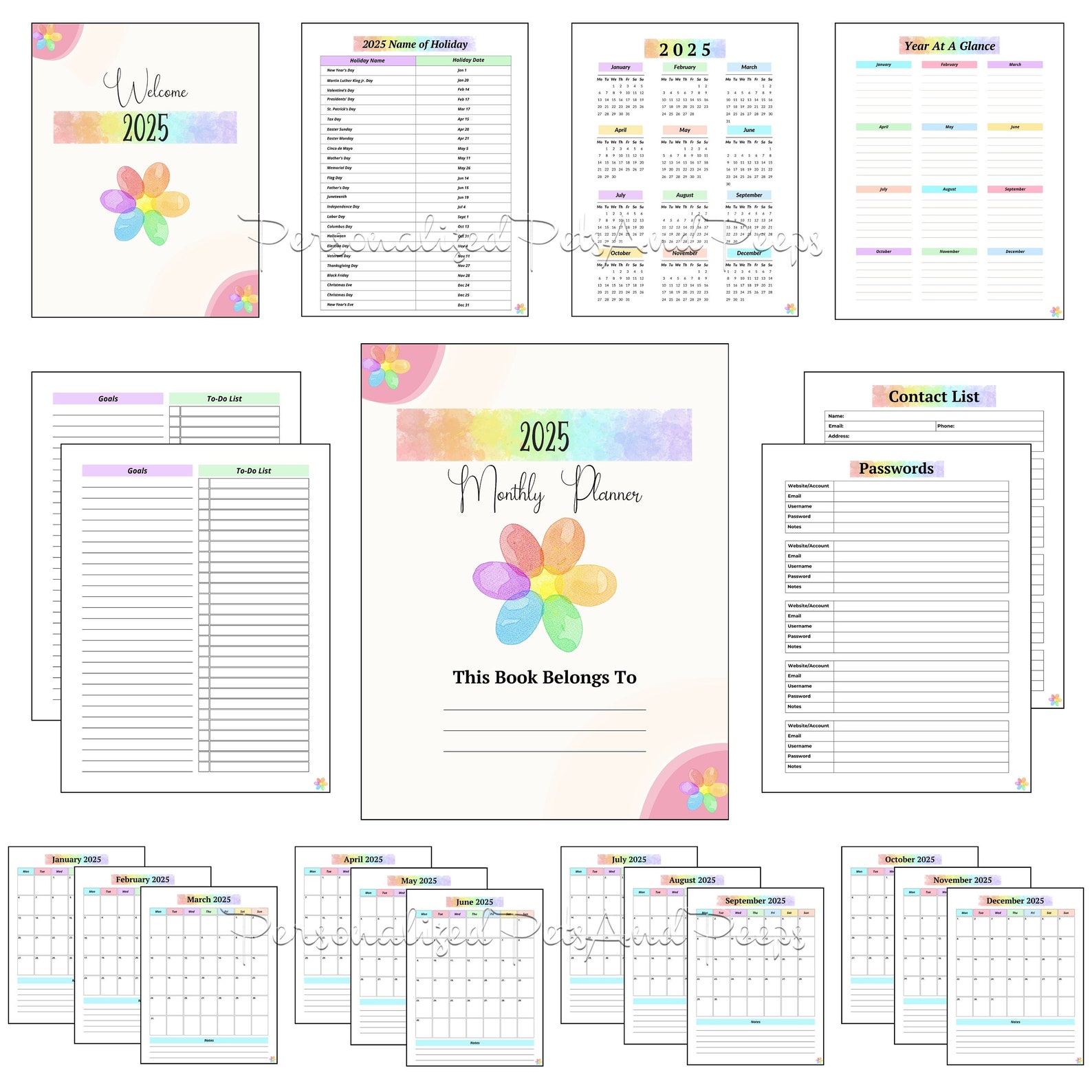 2025 Calendar Planner Printable PDF BUNDLE, Vertical Planner, Monthly ...