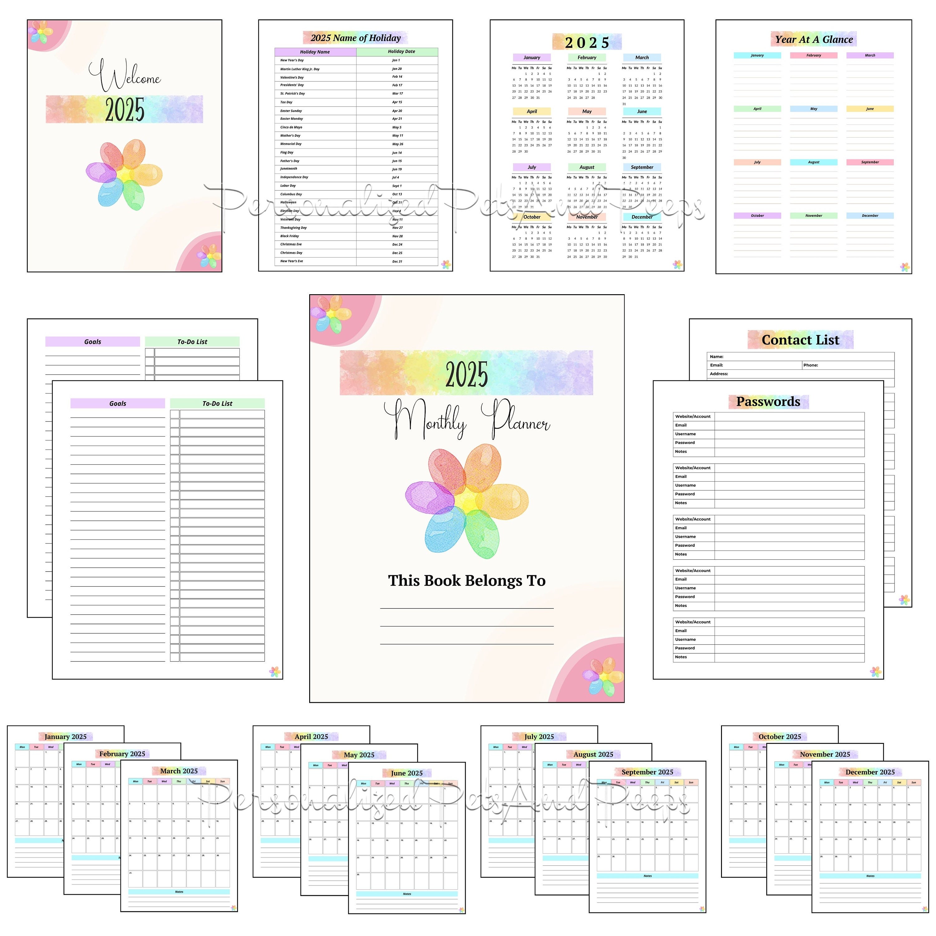 2025 Calendar Planner Printable PDF BUNDLE, Vertical Planner, Monthly ...
