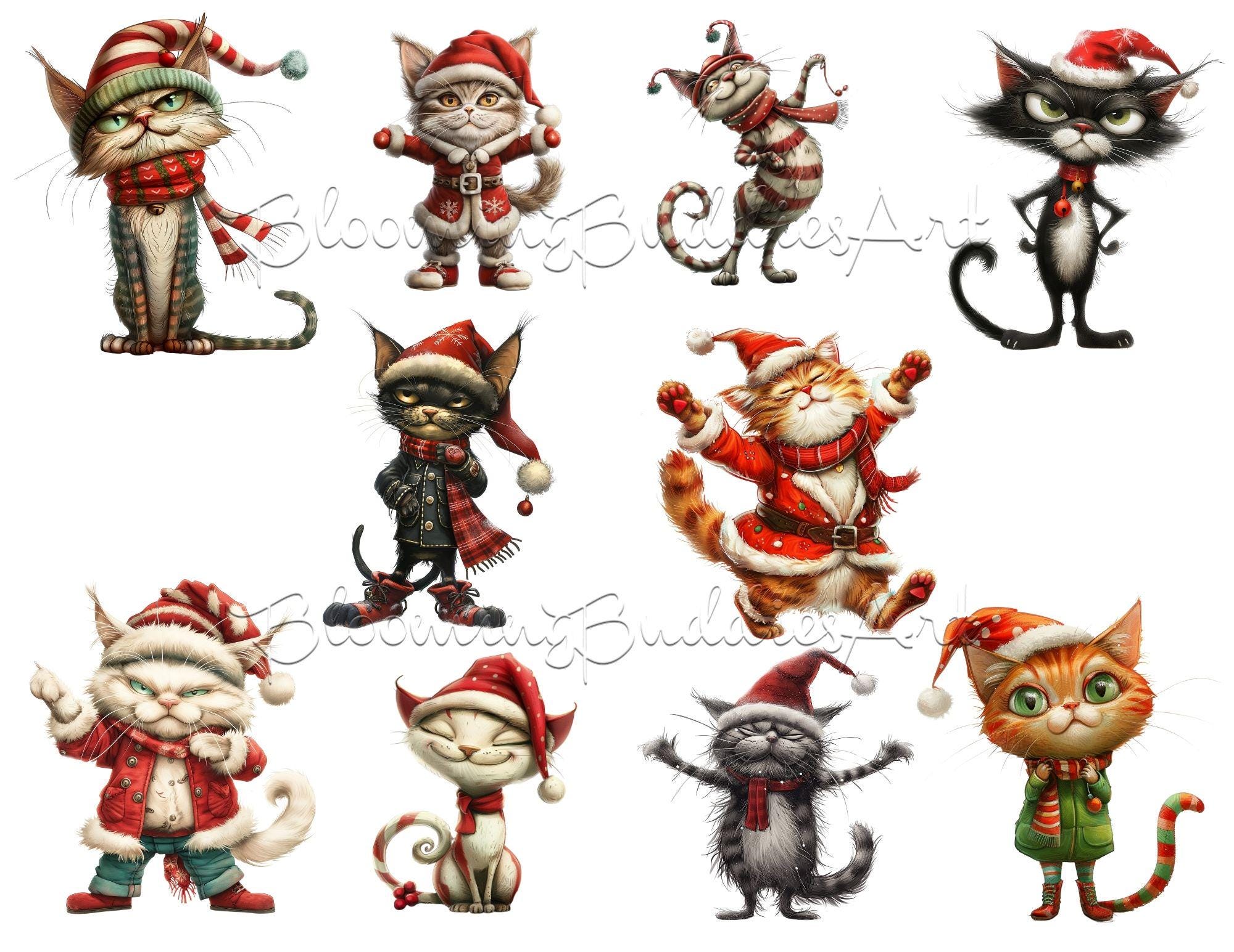 10 Quirky Christmas Cats Clipart Bundle, Silly Cat PNG, Holiday ...