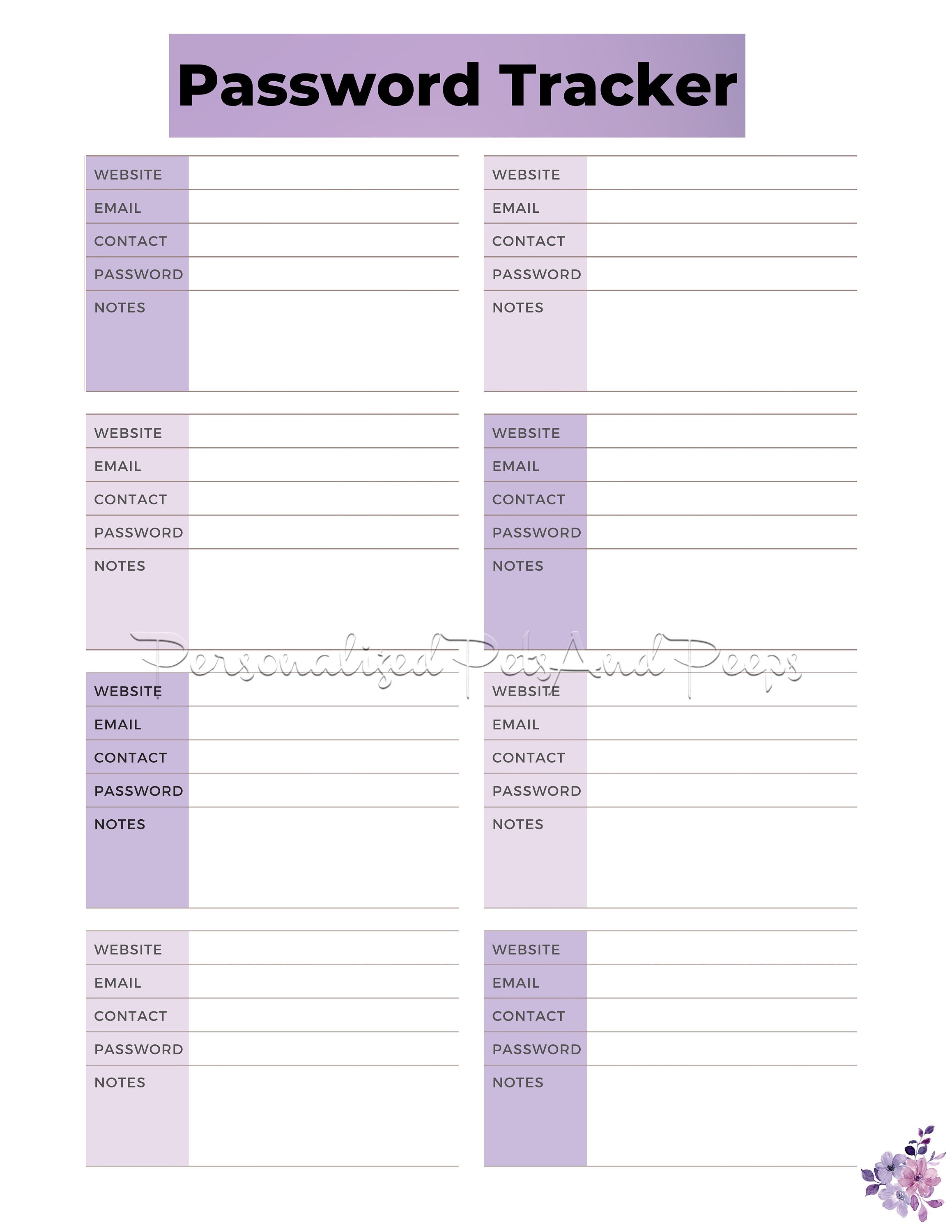 Purple Wildflower Password Tracker Printable PDF Set of 4, Instant ...