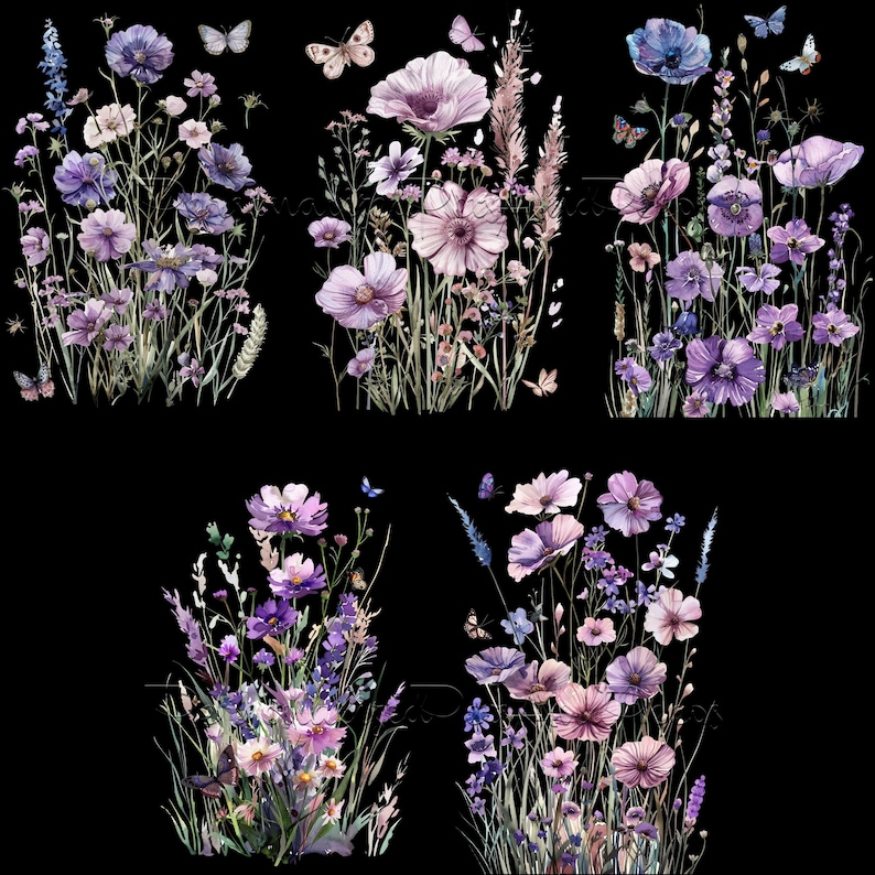 20 Purple Wildflower Png Bundle, Watercolor Spring Flower, Meadow ...