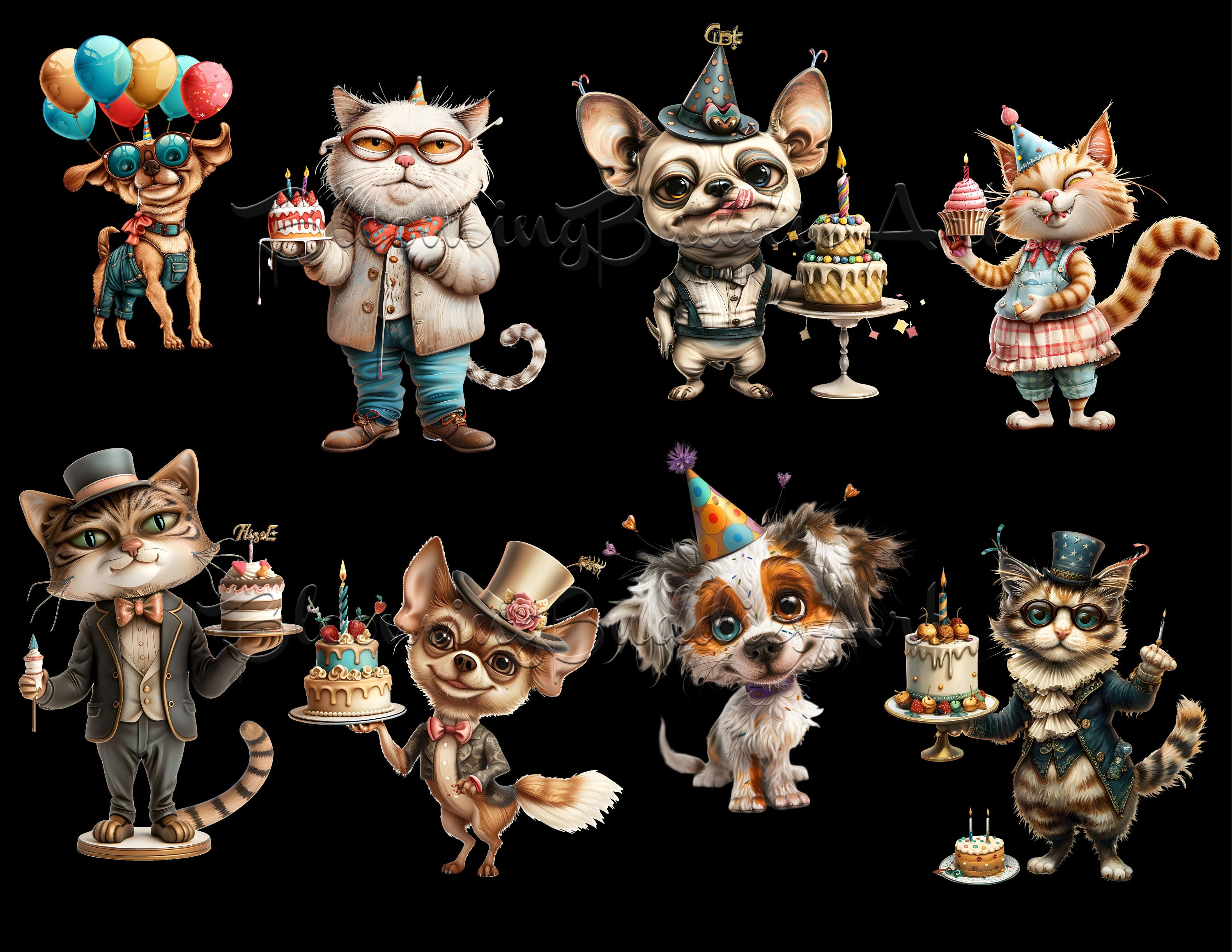 10 Whimsical Quirky Cat & Dog Clipart Bundle, Pets Birthday Celebration ...