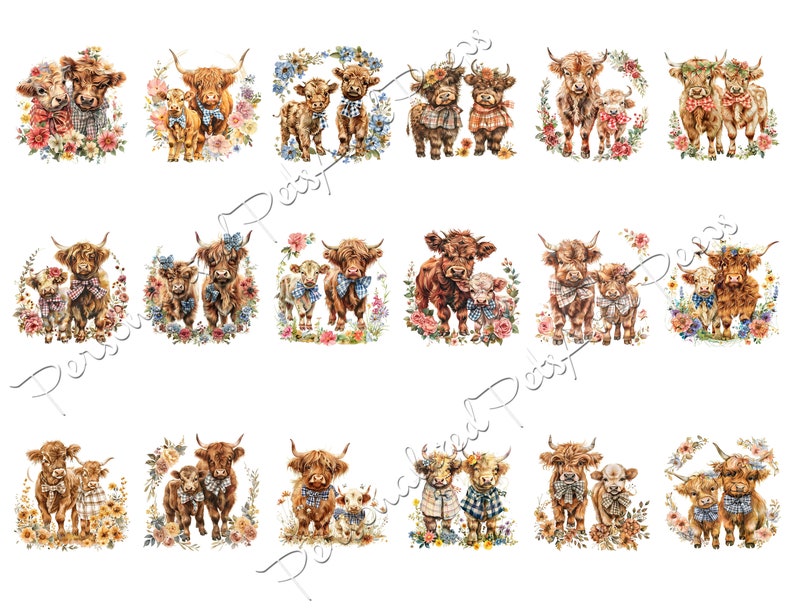 18 Gingham Pattern Watercolor Highland Cow Couple Clipart Bundle ...