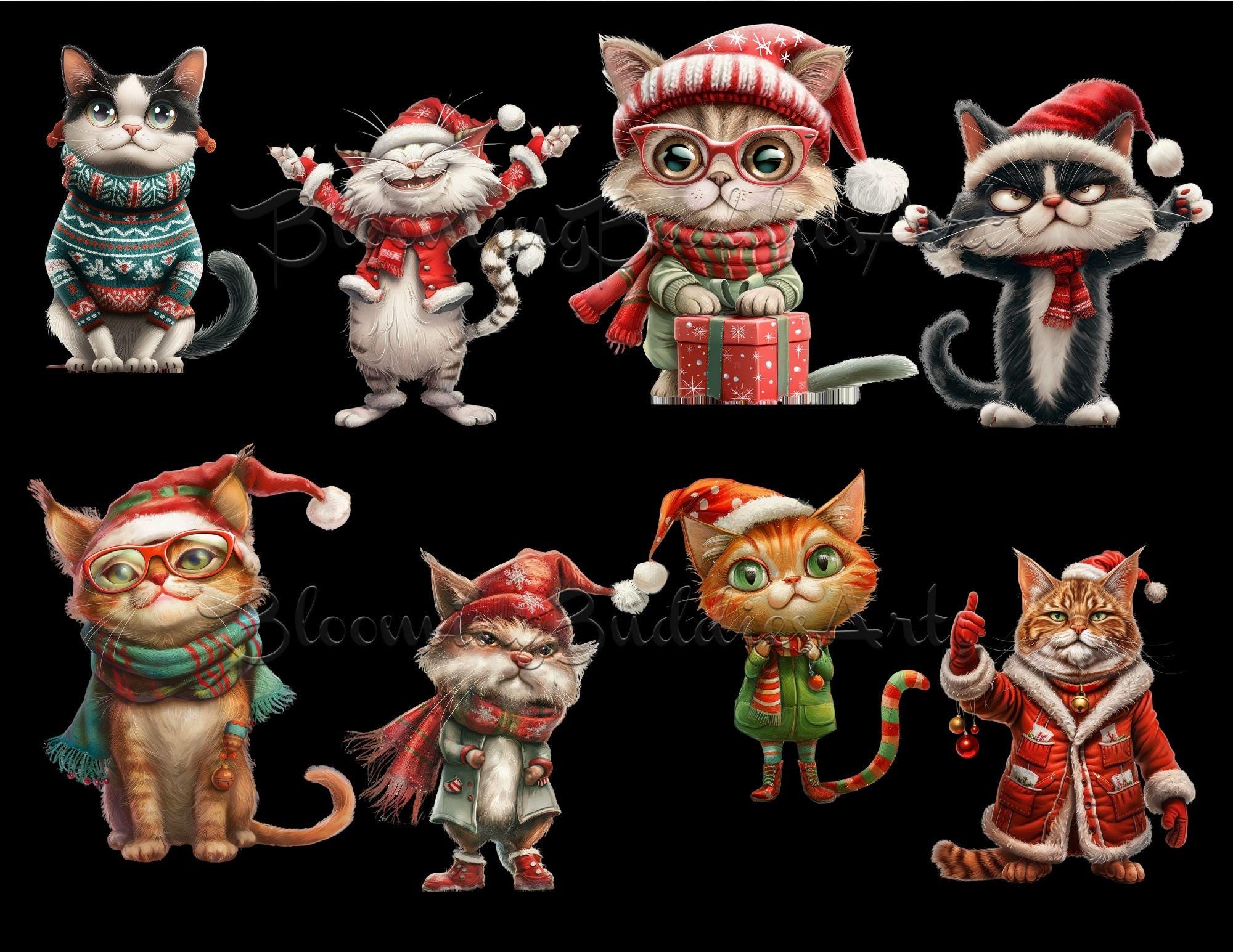 144 Quirky Christmas Cats Clipart Holiday PNG Bundle, Funny Cat ...