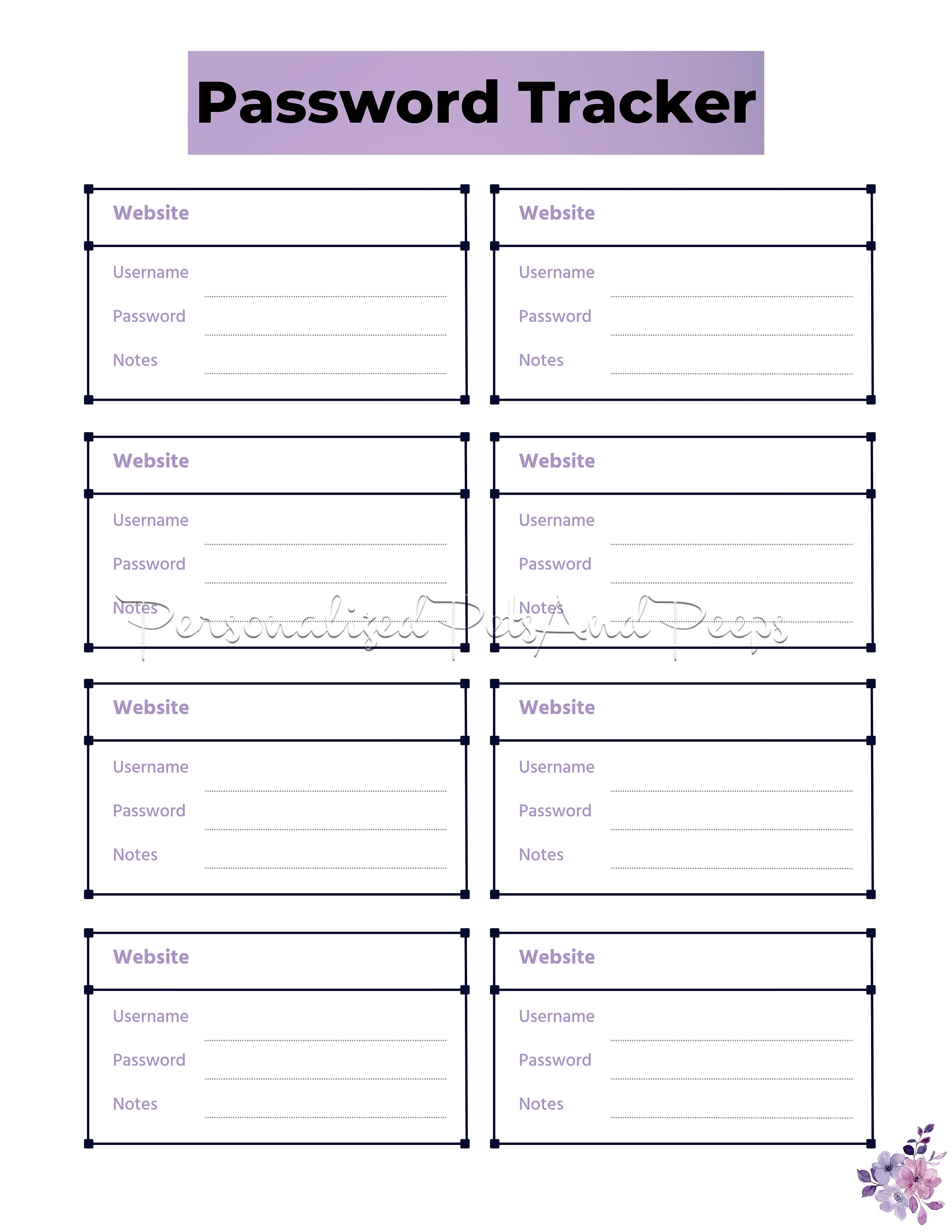 Purple Wildflower Password Tracker Printable PDF Set of 4, Instant ...