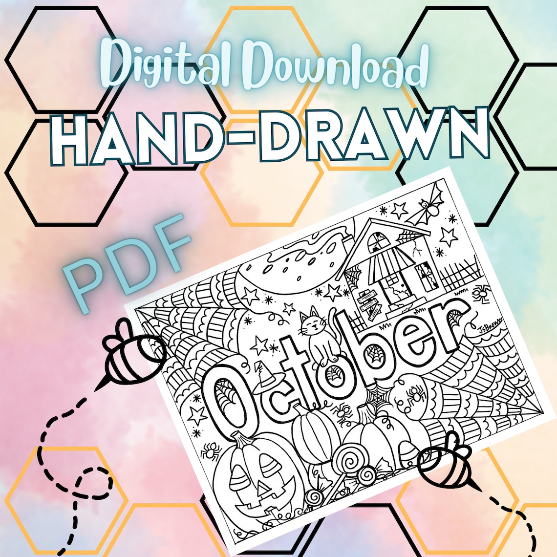 October Printable Coloring Page - Hand-drawn October Coloring Page ...