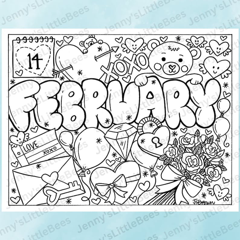 February Printable Coloring Page- Hand-drawn February Coloring Page ...