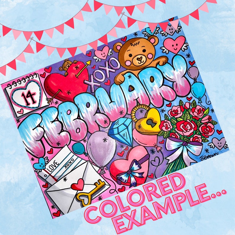 February Printable Coloring Page- Hand-drawn February Coloring Page ...