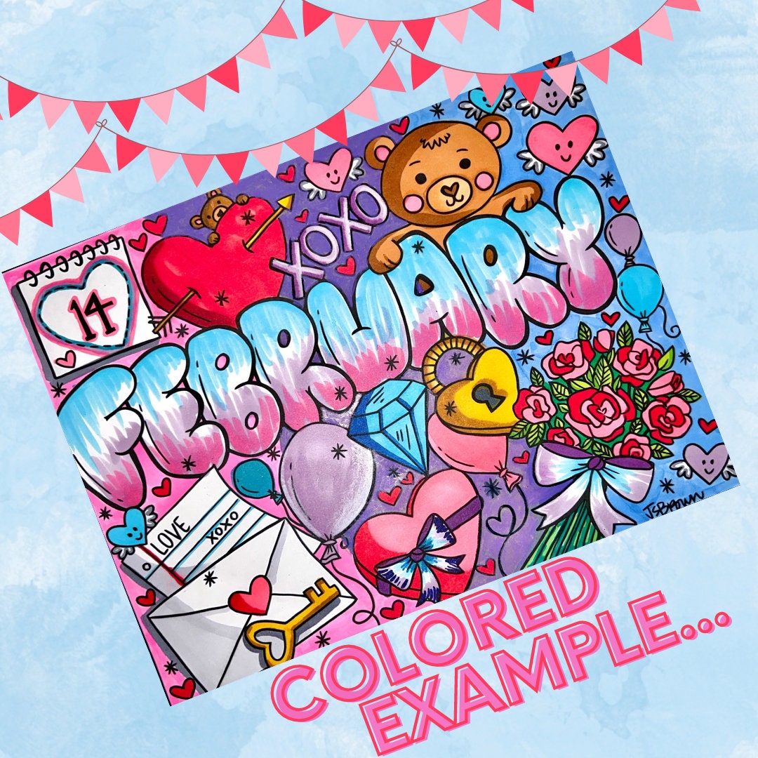 February Printable Coloring Page- Hand-drawn February Coloring Page ...