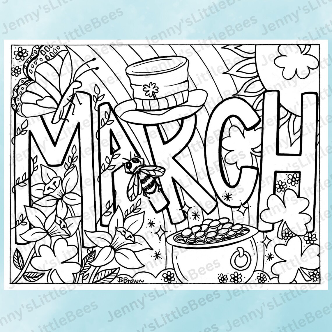 March Printable Coloring Page - Hand-drawn March Coloring Page - Month ...