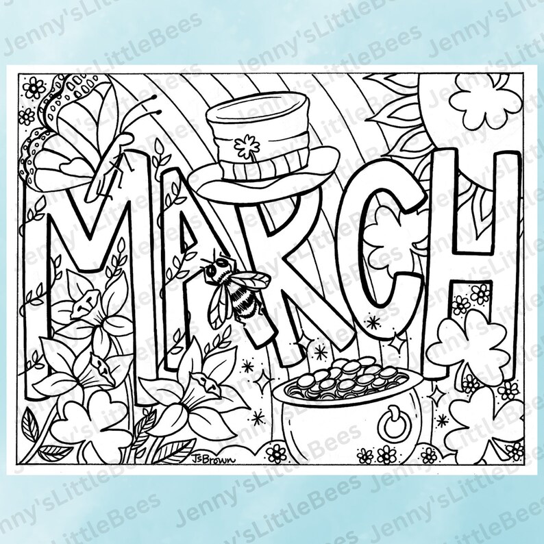 March Printable Coloring Page - Hand-drawn March Coloring Page - Month ...