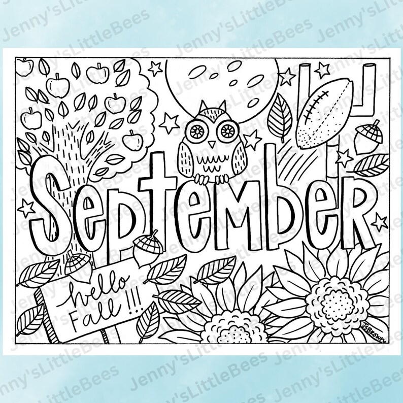 September Printable Coloring Page- Hand-drawn September Coloring Page ...