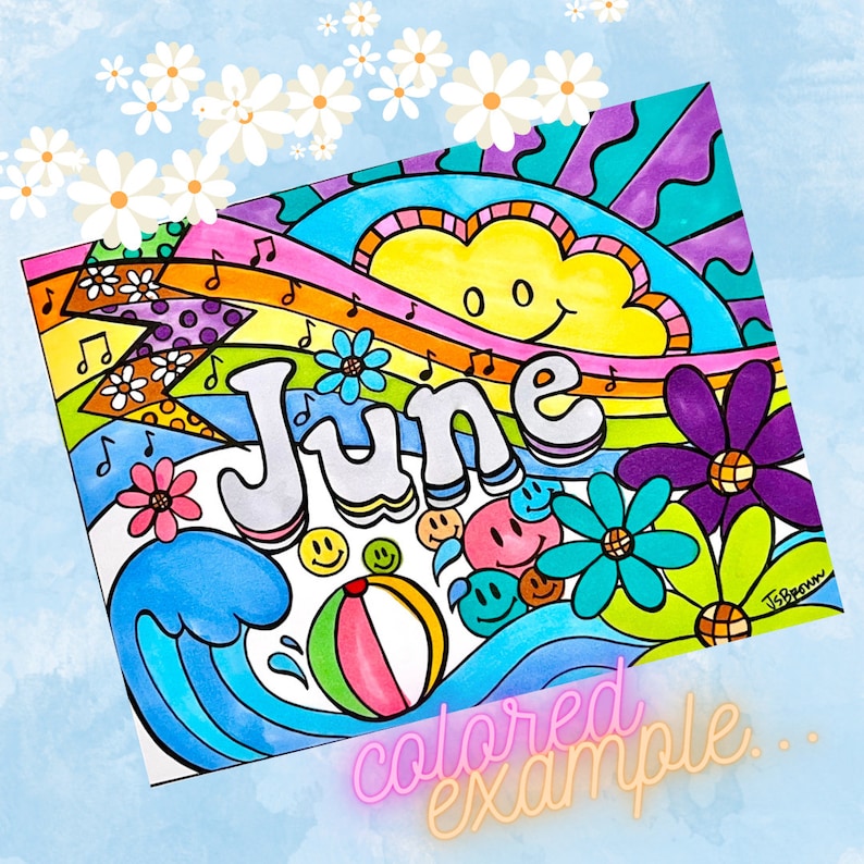 June Printable Coloring Page - Hand-drawn June Coloring Page - Month ...