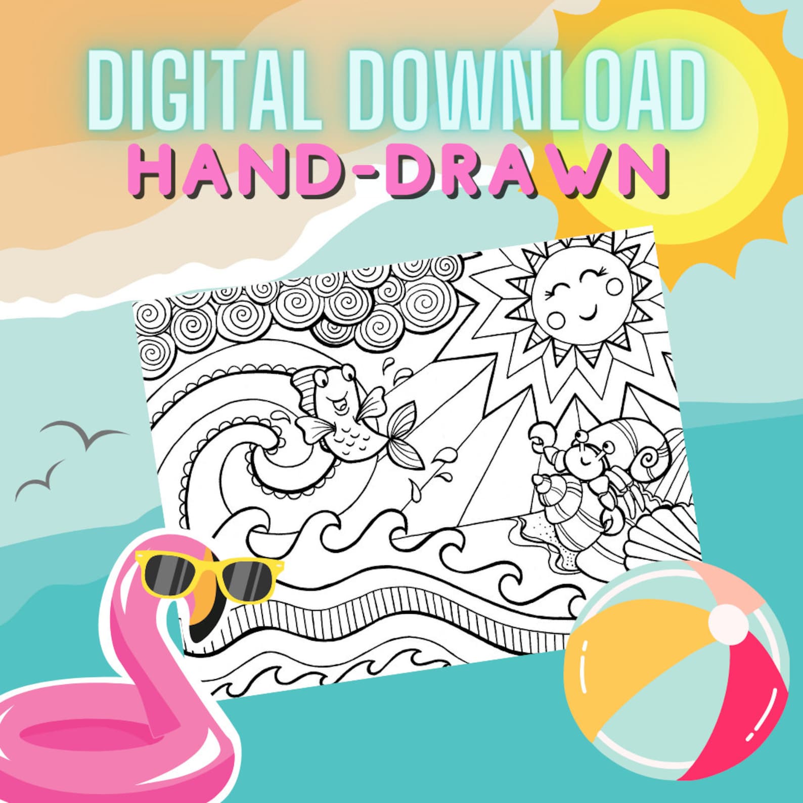 Sea Creatures -summer Coloring Page -summer Color Sheet -seasonal ...