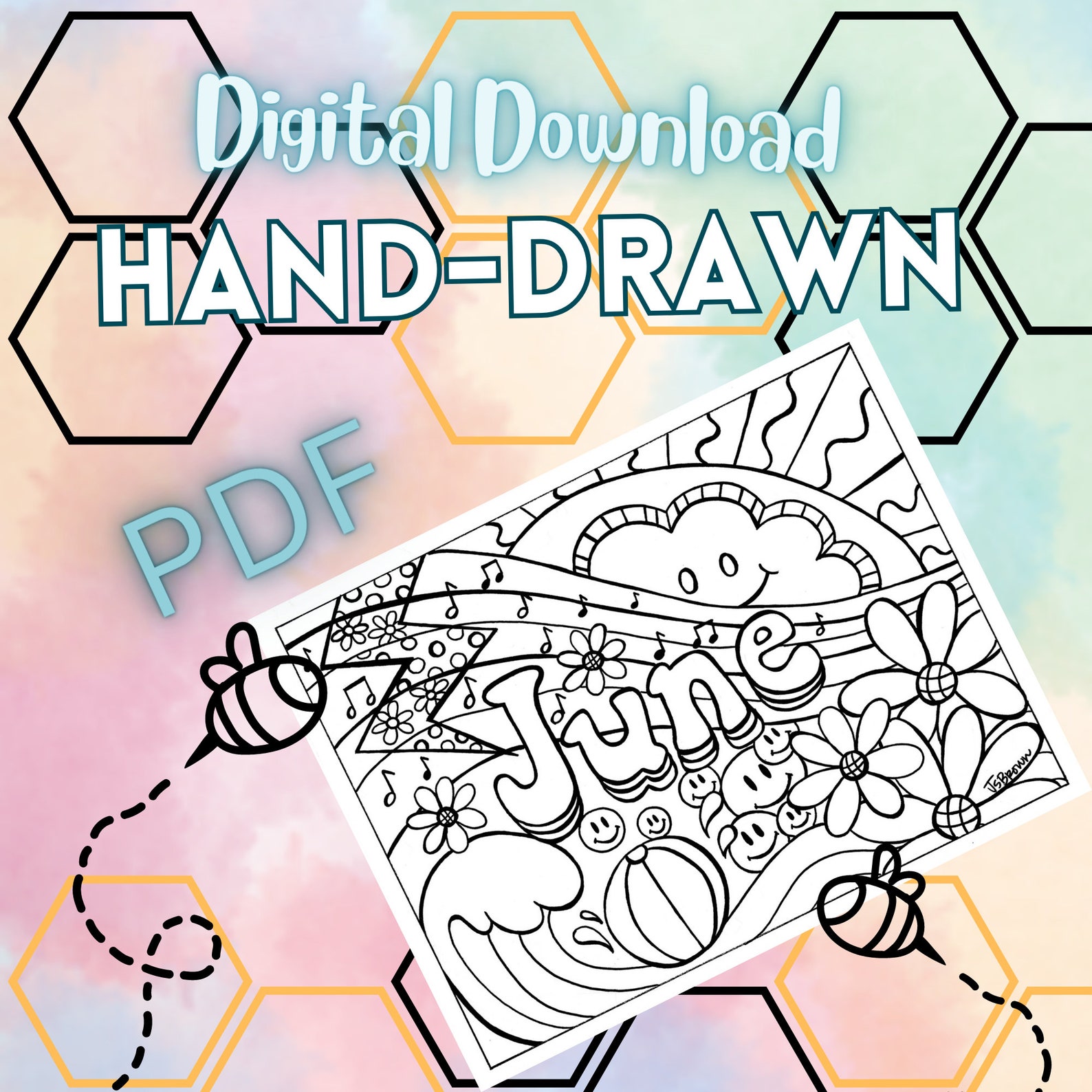 June Printable Coloring Page - Hand-drawn June Coloring Page - Month ...