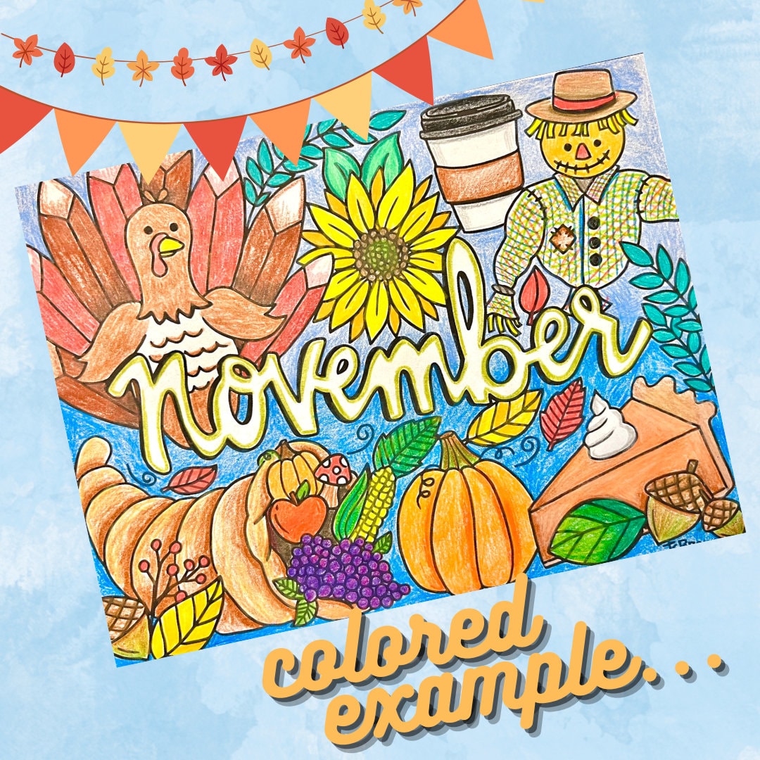 November Printable Coloring Page- Hand-drawn November Coloring Page ...