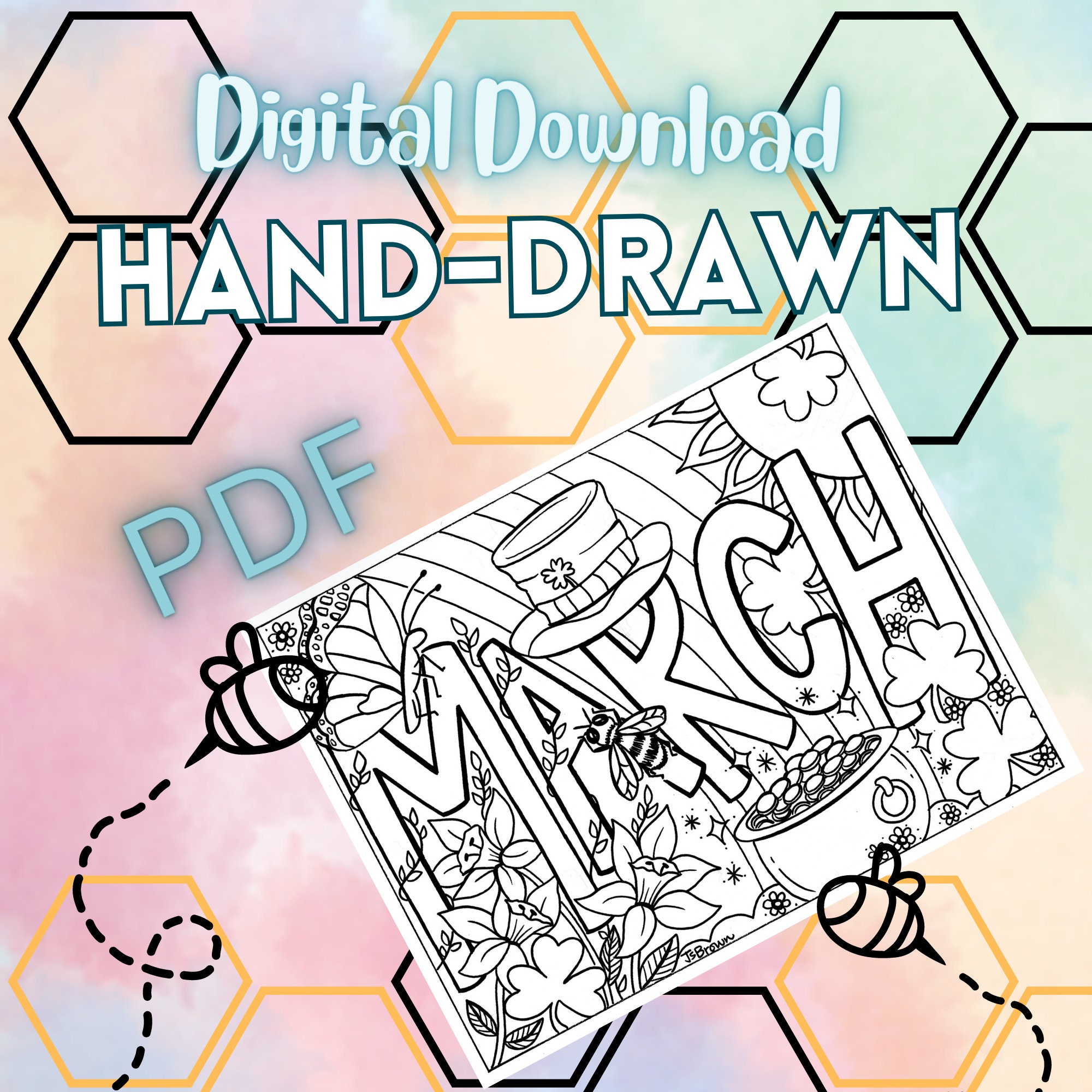 March Printable Coloring Page - Hand-drawn March Coloring Page - Month ...