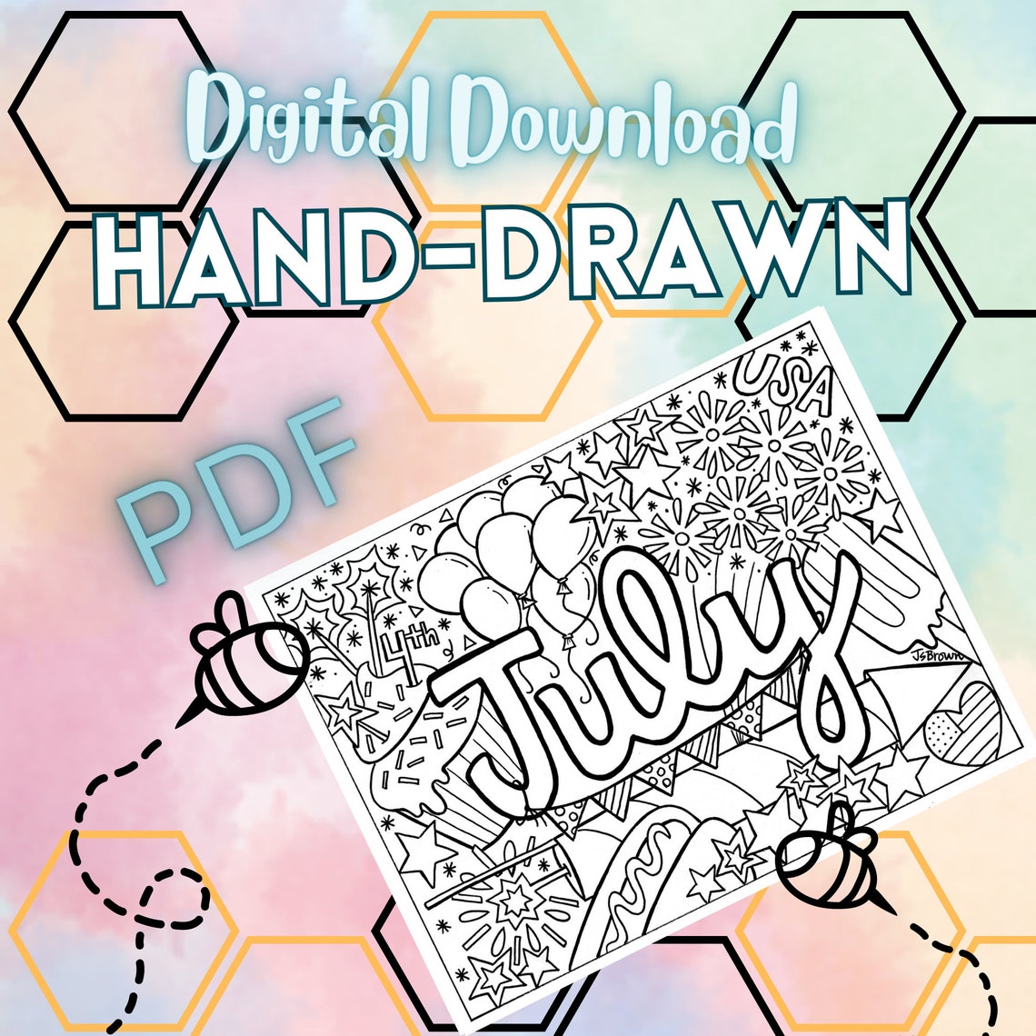 July Printable Coloring Page - Hand-drawn July Coloring Page - Month ...