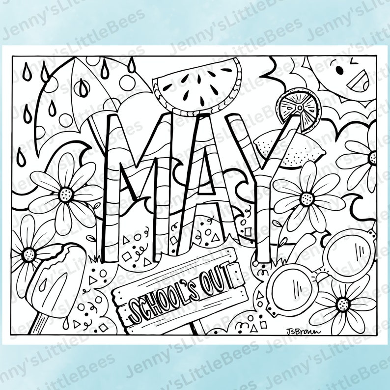 May Printable Coloring Page - Hand-drawn May Coloring Page - Month ...