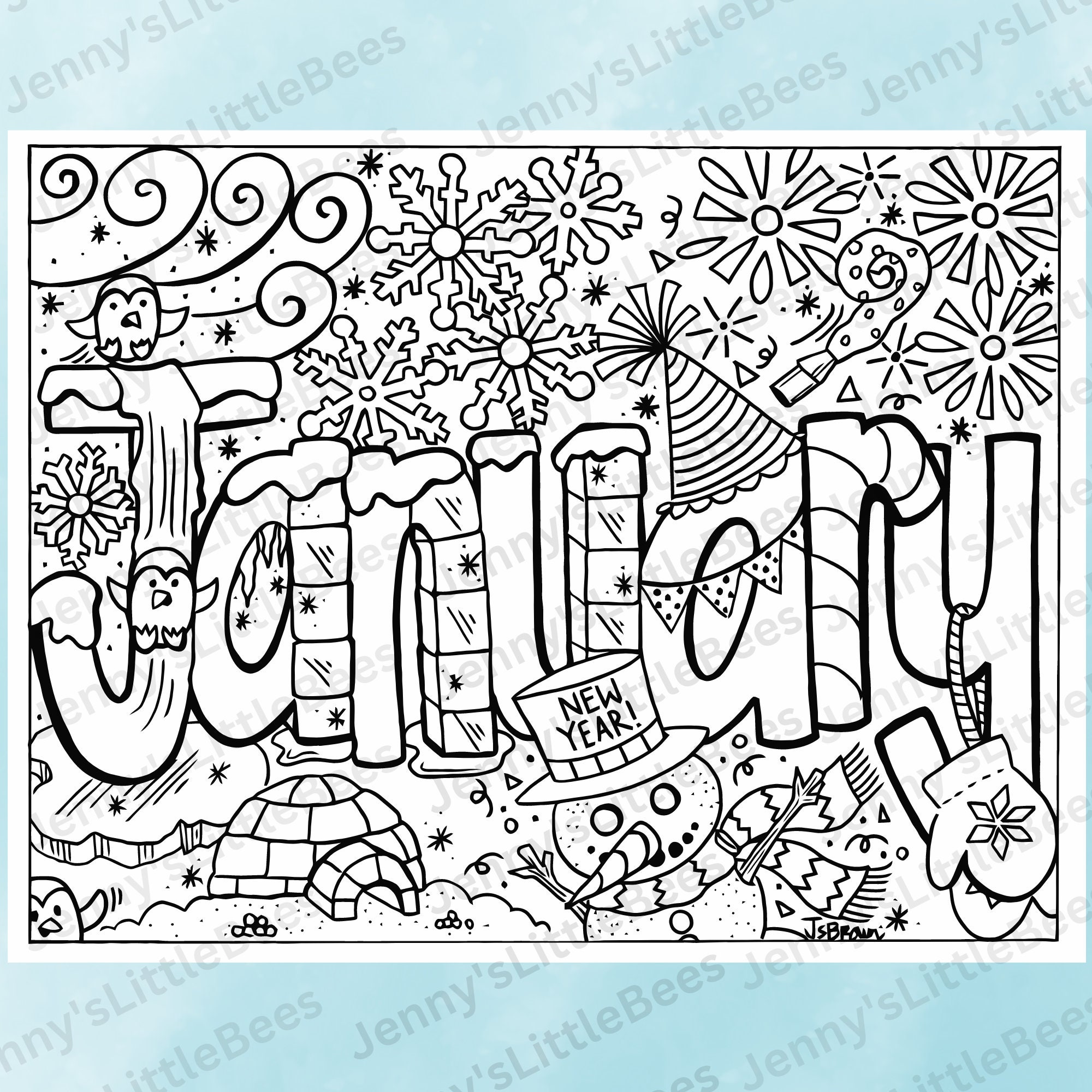 January Printable Coloring Page - Hand-drawn January Coloring Page ...