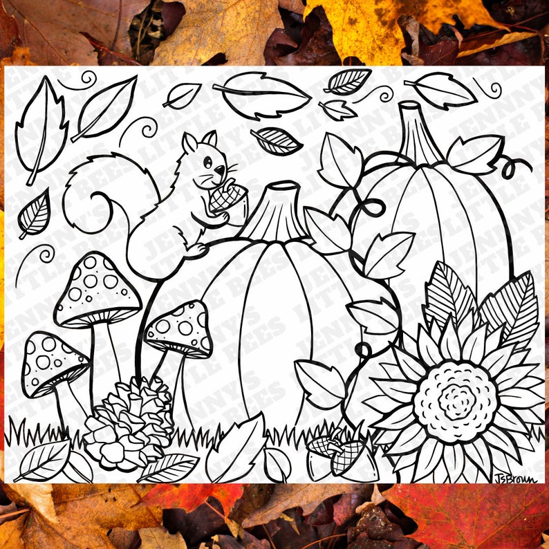 Fall Themed Coloring Page -fall Color Sheet -nature Coloring Page ...