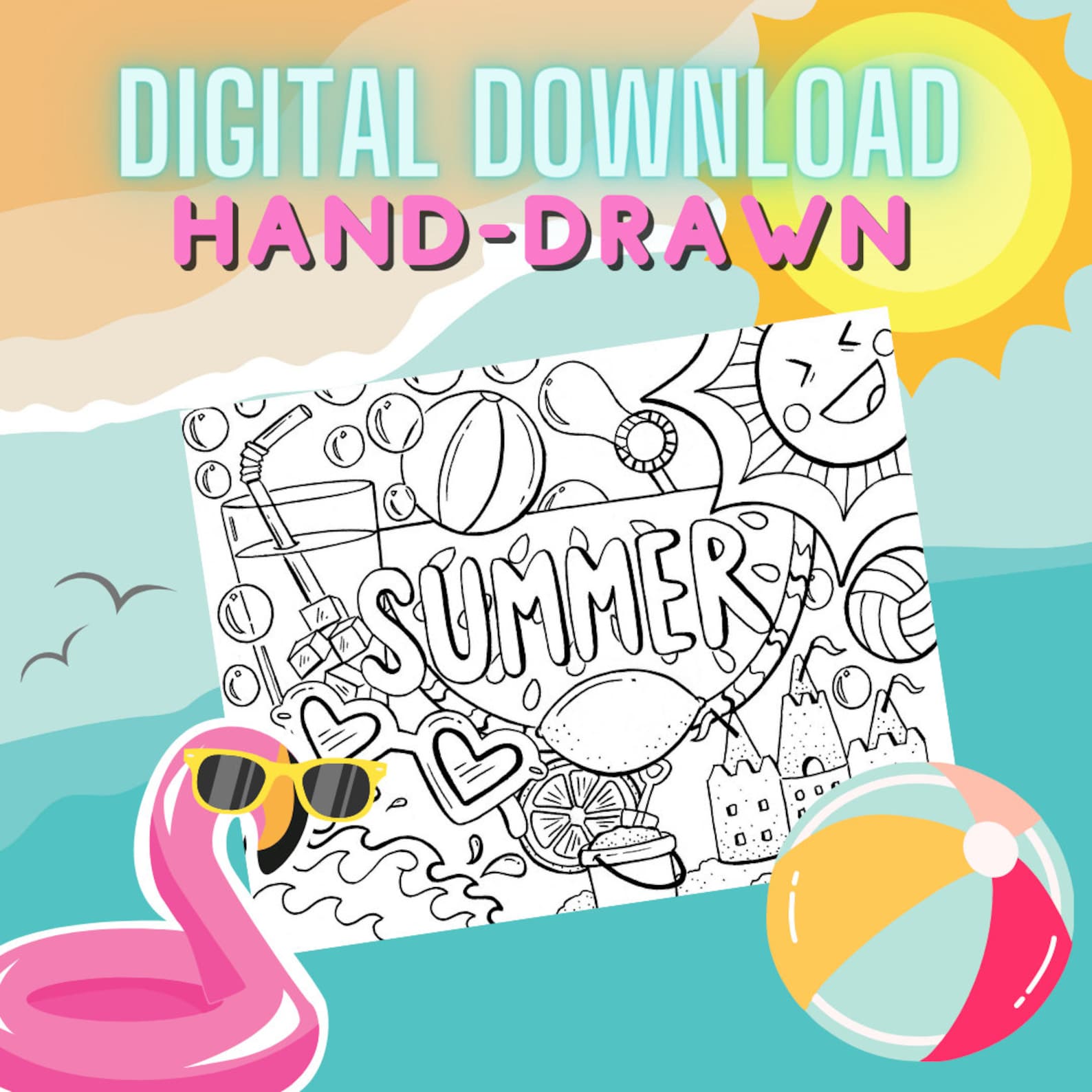 Summer Coloring Page -summer Color Sheet -seasonal Coloring Page -cute ...