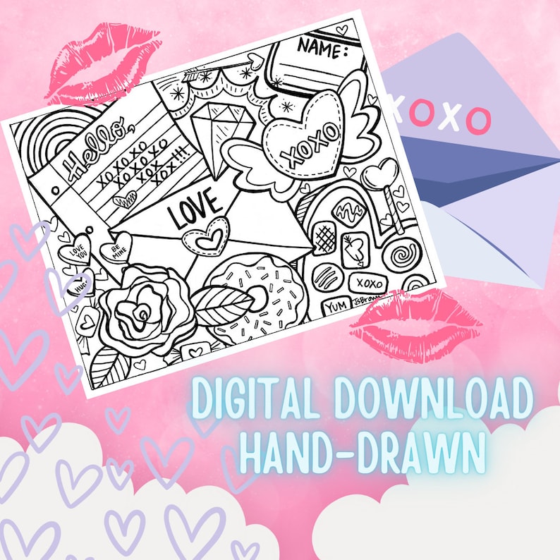 Valentine Doodles Coloring Page -original Coloring Page- Hand-drawn ...