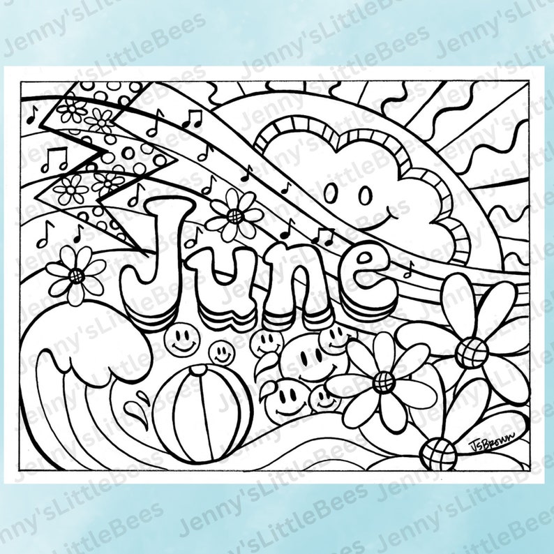 June Printable Coloring Page - Hand-drawn June Coloring Page - Month ...