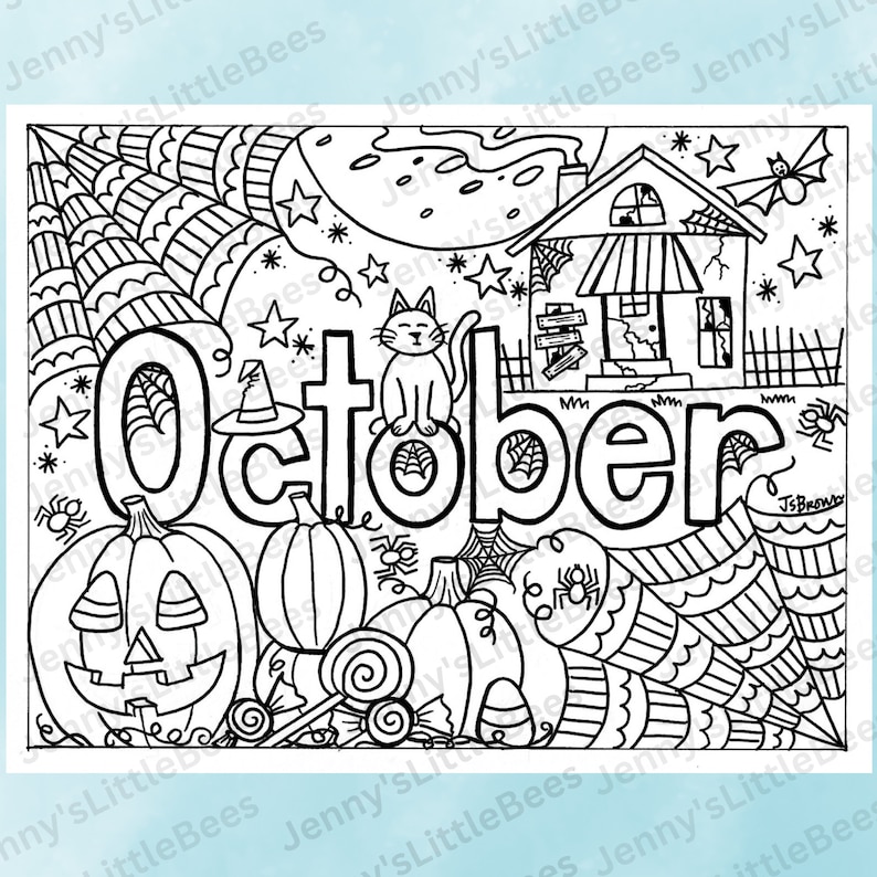 October Printable Coloring Page - Hand-drawn October Coloring Page ...