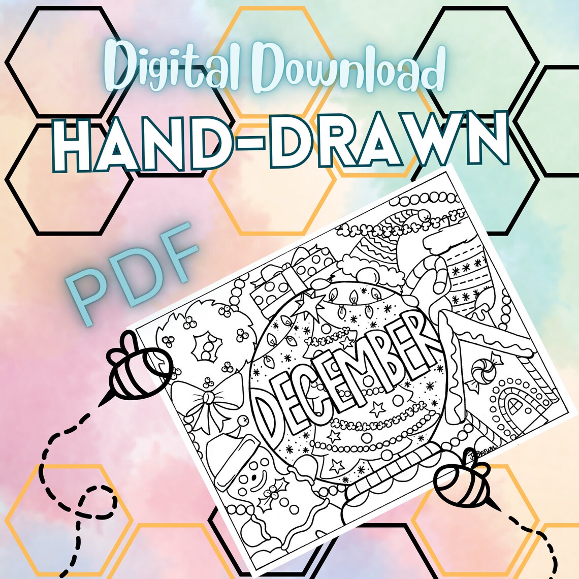 December Printable Coloring Page- Hand-drawn December Coloring Page ...