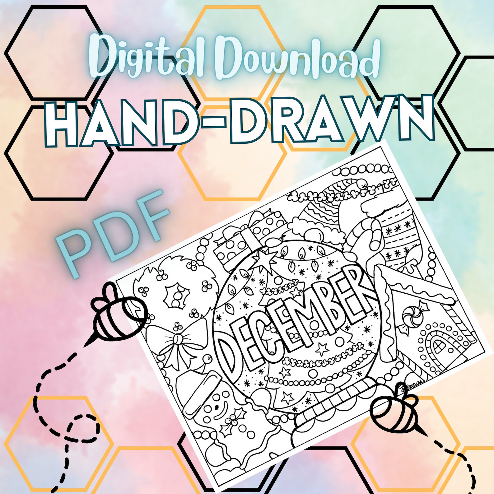 December Printable Coloring Page- Hand-drawn December Coloring Page ...
