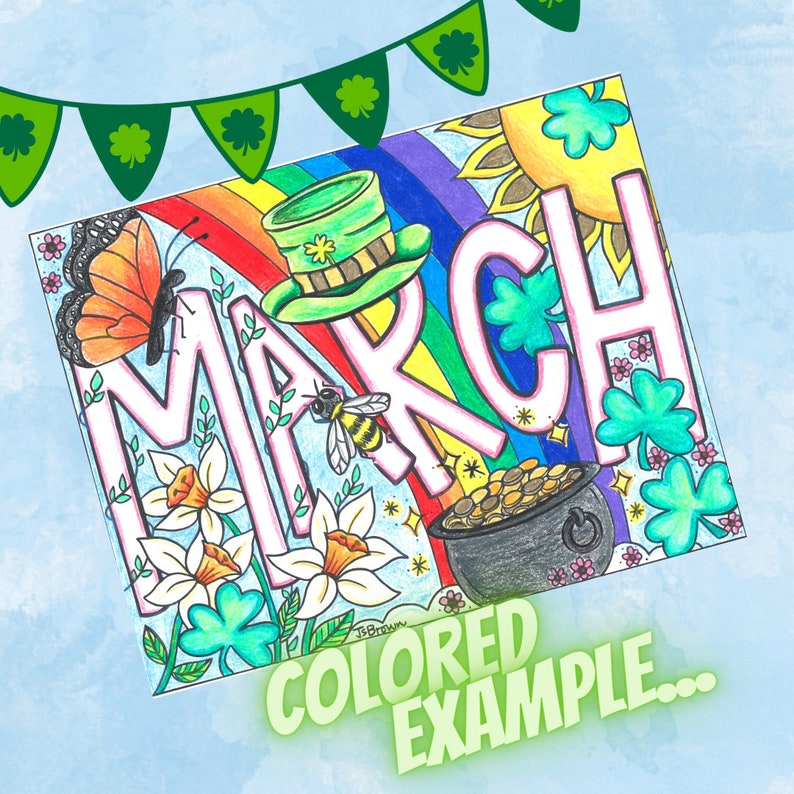 March Printable Coloring Page - Hand-drawn March Coloring Page - Month ...