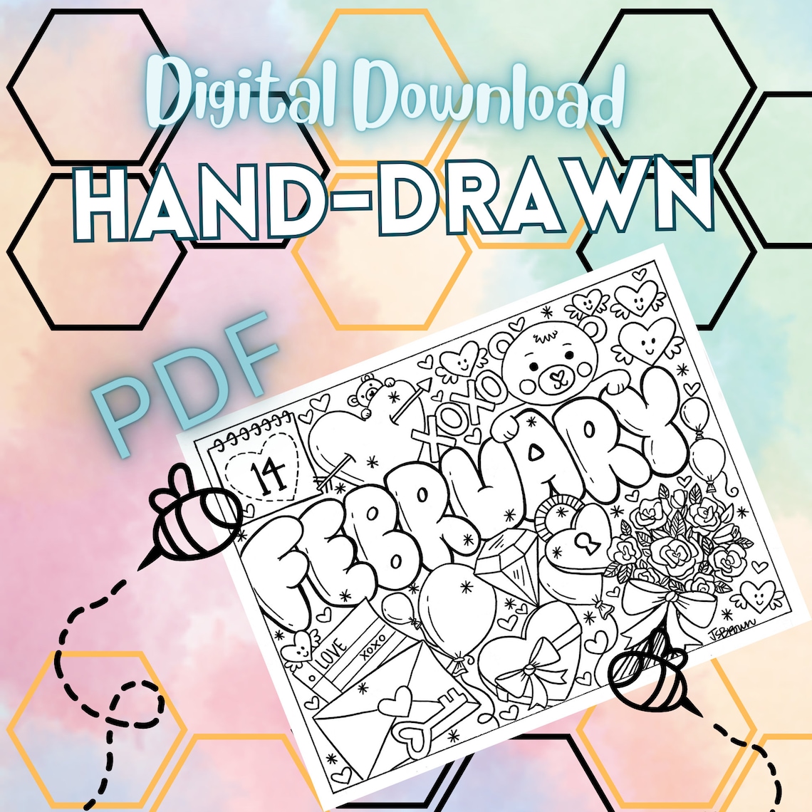 February Printable Coloring Page- Hand-drawn February Coloring Page ...
