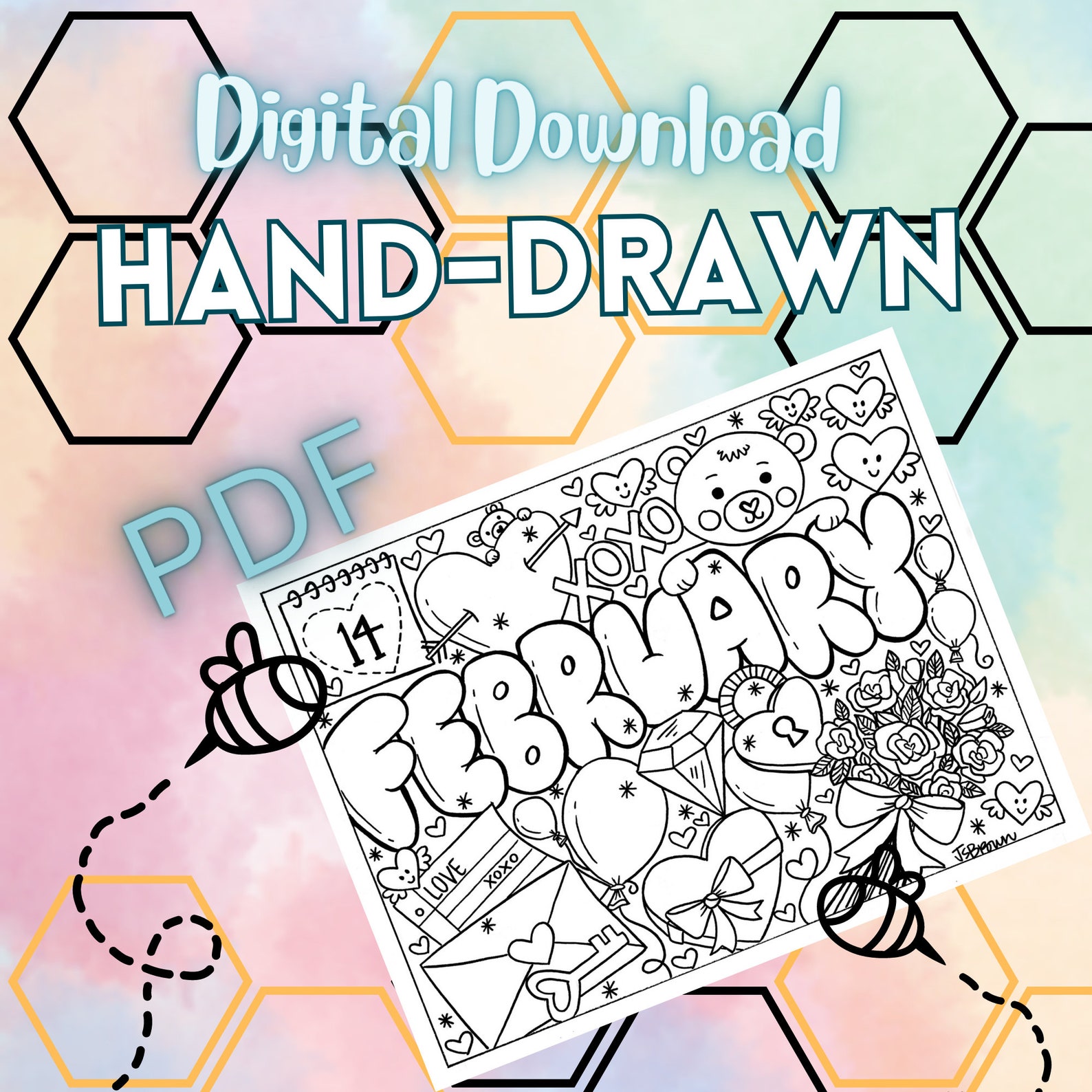February Printable Coloring Page- Hand-drawn February Coloring Page ...