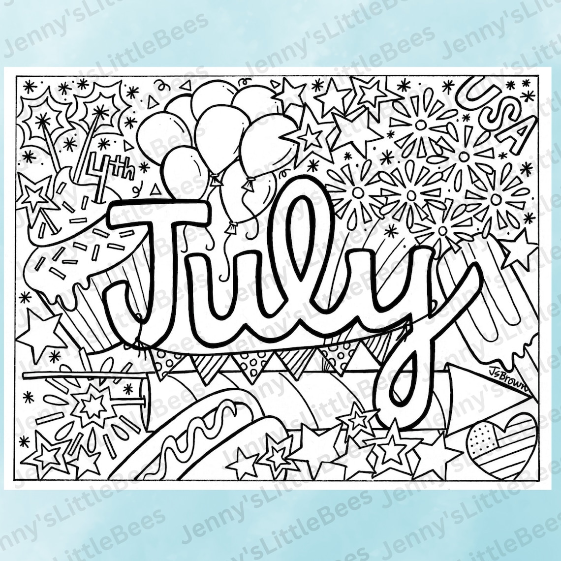 July Printable Coloring Page - Hand-drawn July Coloring Page - Month ...