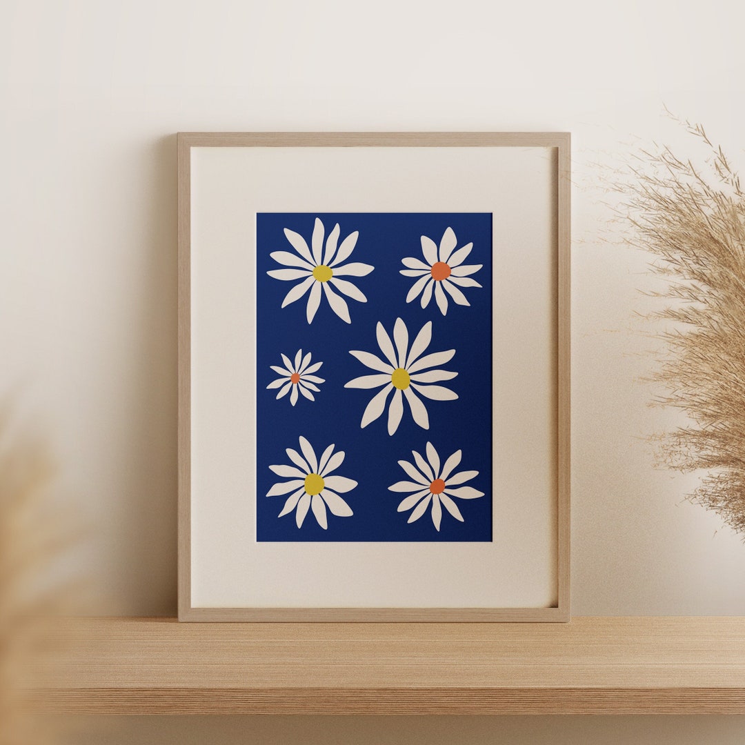Blue & White Daisy Art Print, Floral Digital Art, Flower Art Poster ...