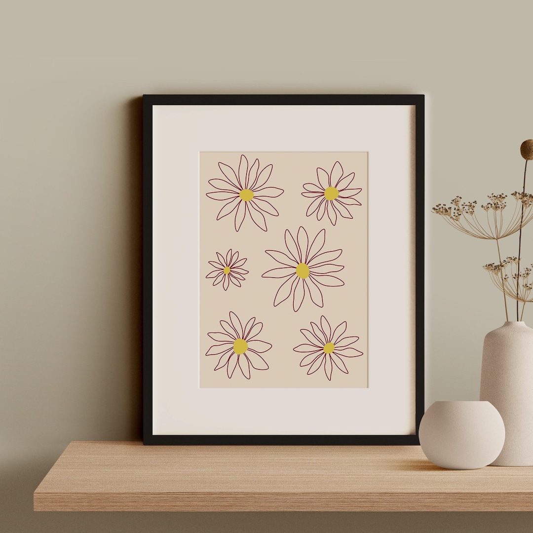Daisy Wall Art Print, Floral Digital Art Poster, Flower Art Poster, Red ...
