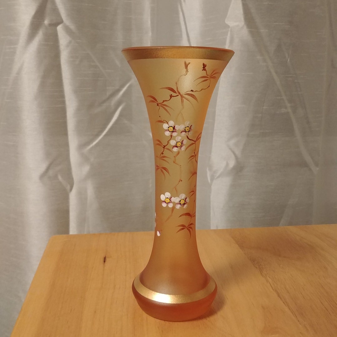 Bohemian Hand Painted Frosted Glass Bud Vase - Floral Design W/ Gold ...
