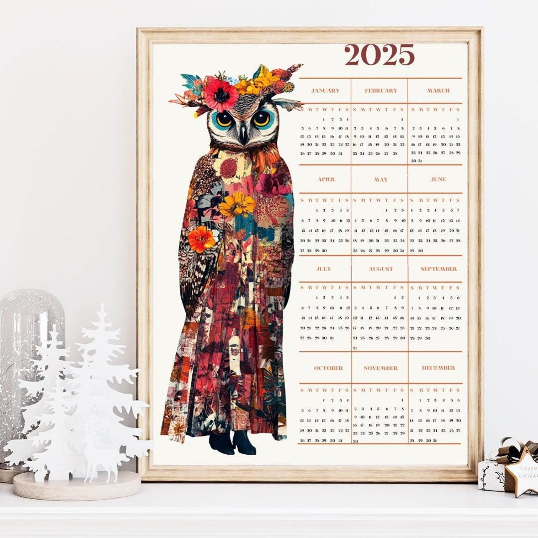 Owl-themed Printable Wall Calendar One Page A3 Size Calendar Digital ...