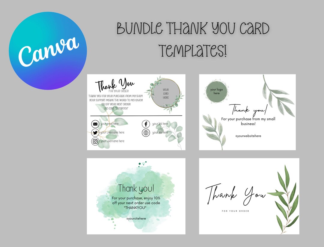 4-pack Printable Thank You Card Bundle - Customizable Greenery Designs ...