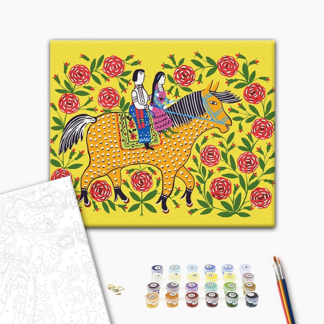 Romantic Folk Art: Couple on Dotted Horse With Floral Background Paint ...