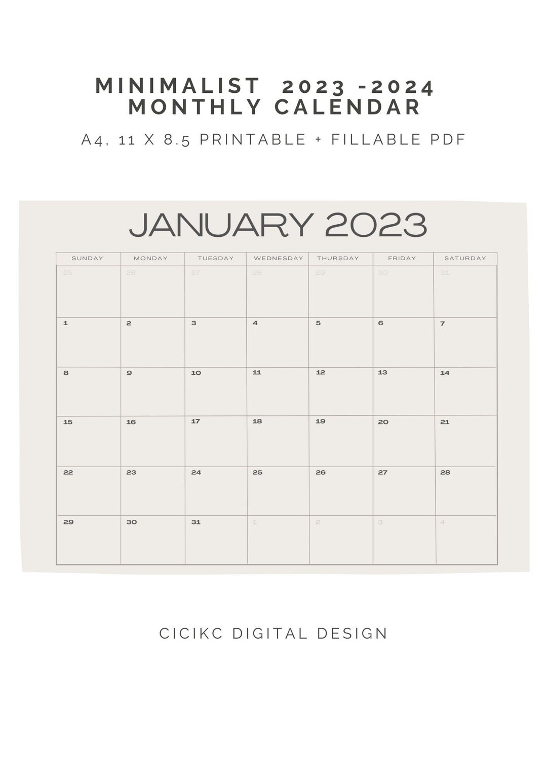 Digital Calendar 2023 2024 Minimal - Etsy