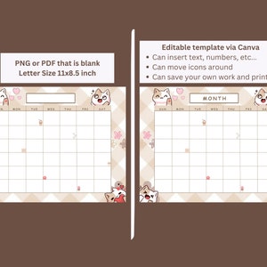 Editable Cute Kawaii Undated Calendar, Printable, Digital - Etsy